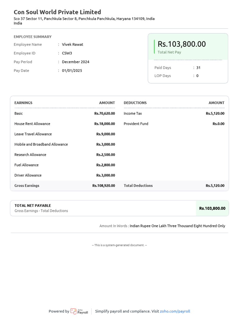 December 2024 Payslip for Vivek Rawat | PDF
