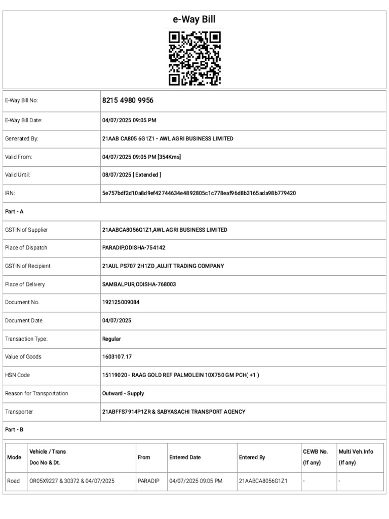 E-Way Bill Or05x9227 | PDF
