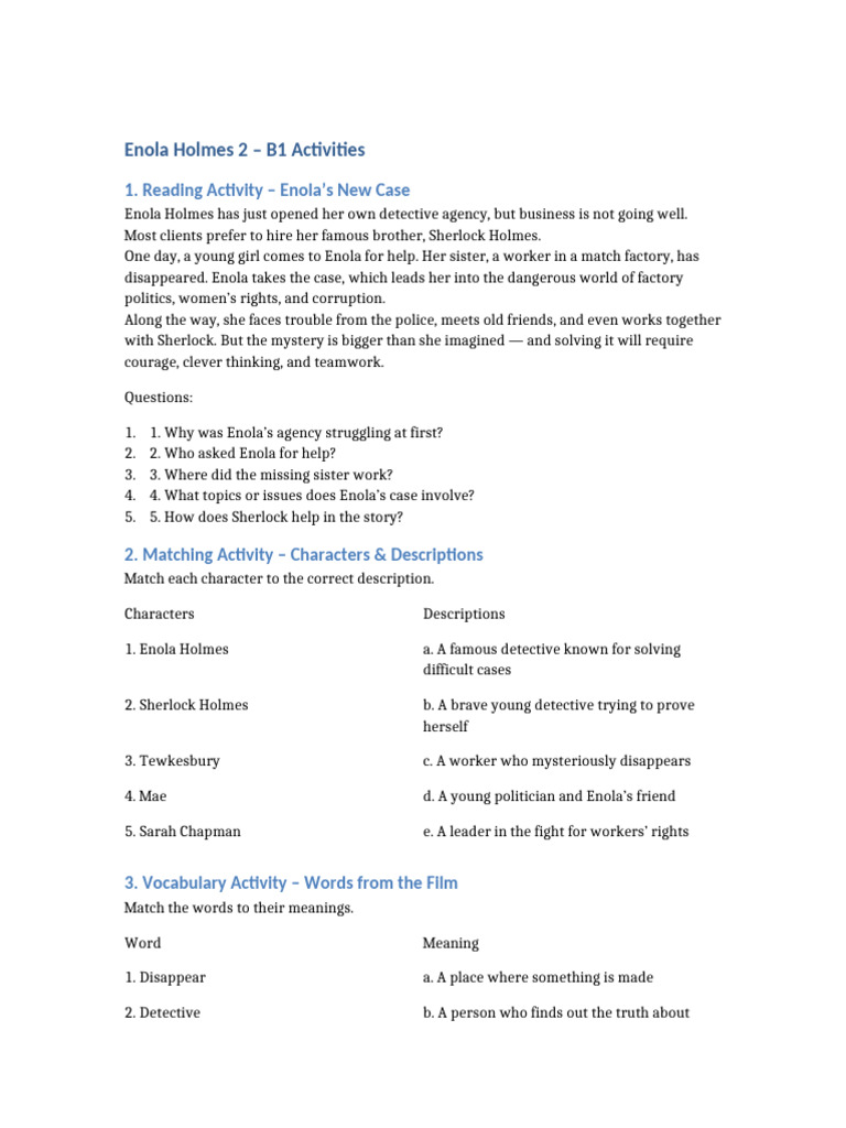 Enola Holmes 2 B1 Activities | PDF | Mystery Film | Sherlock Holmes