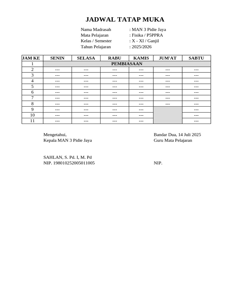 Jadwal Tatap Muka Fisika MAN 3 Pidie Jaya | PDF