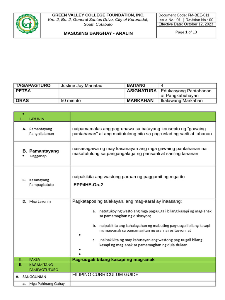 Filipino Masusing Banghay Aralin (1) .Docx Demo Teaching | PDF