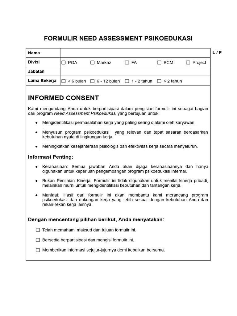 Formulir Need Assessment Psikoedukasi | PDF