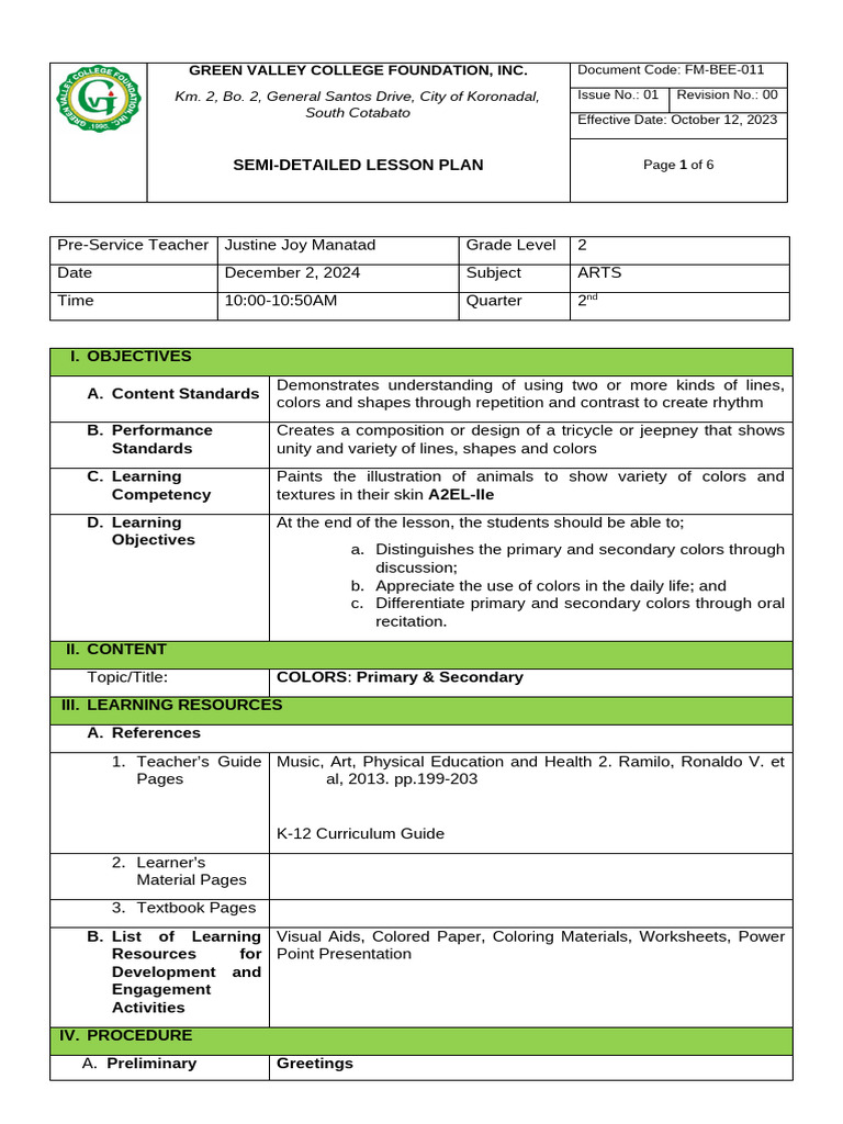 Grade 2 Arts Lesson Plan on Colors | PDF | Color | Lesson Plan