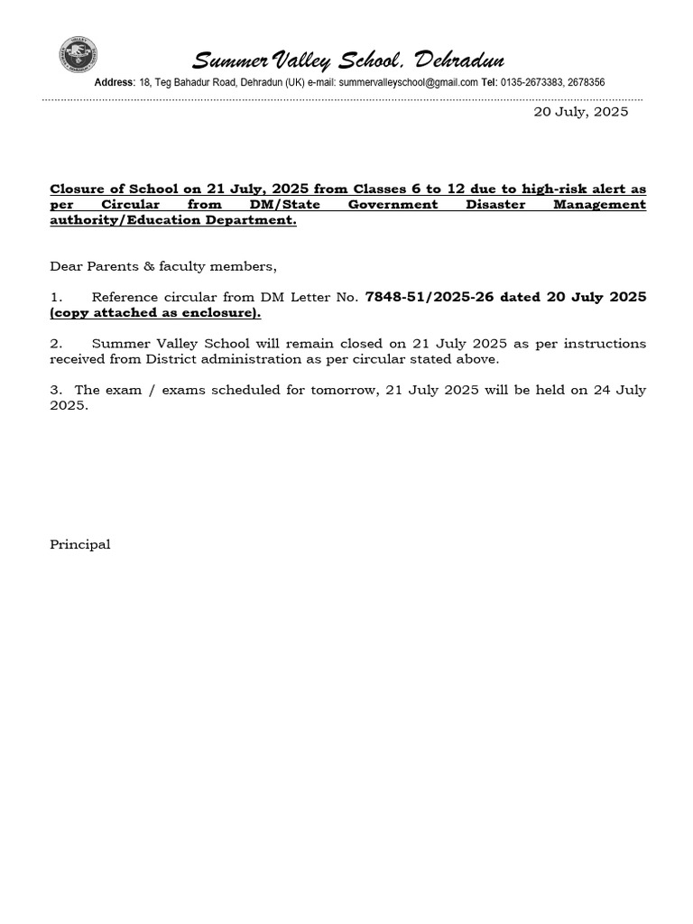 DM Order: School Closure on 21 July 2025 | PDF