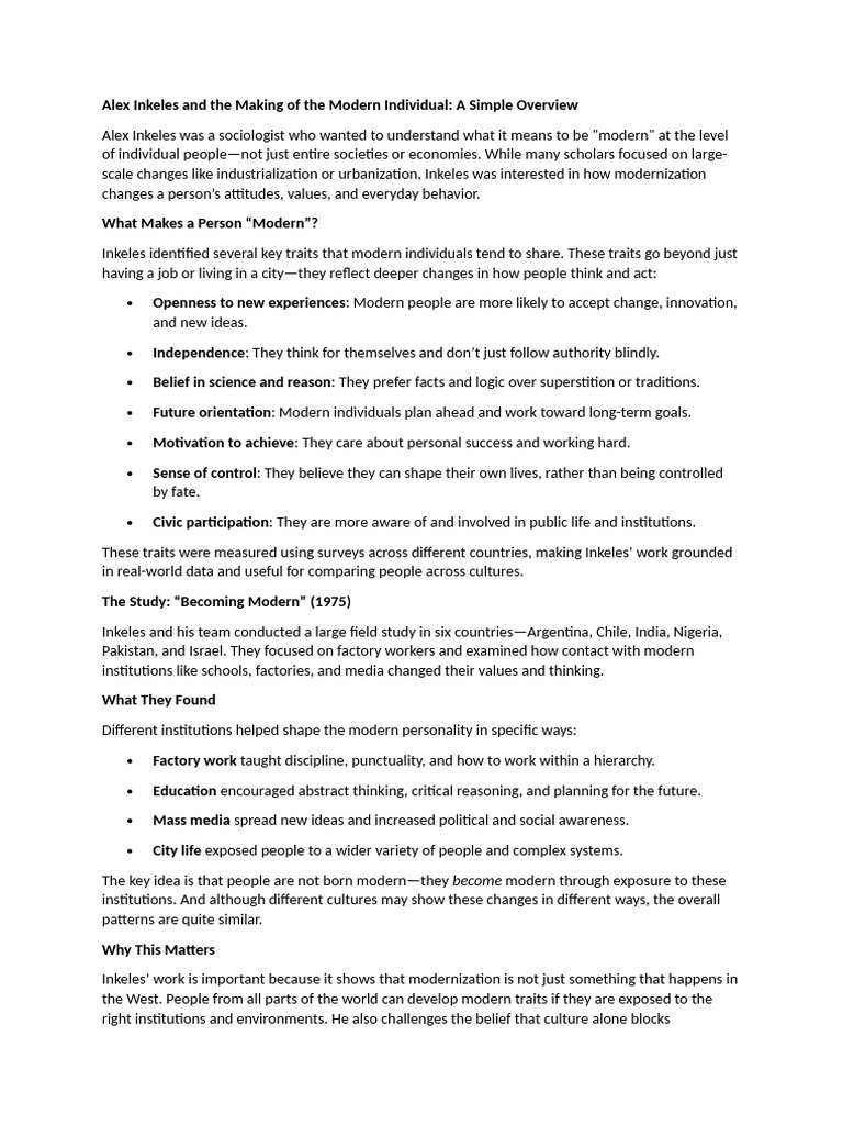 Inkeles' Modernization Theory Explained | PDF | World Systems Theory ...