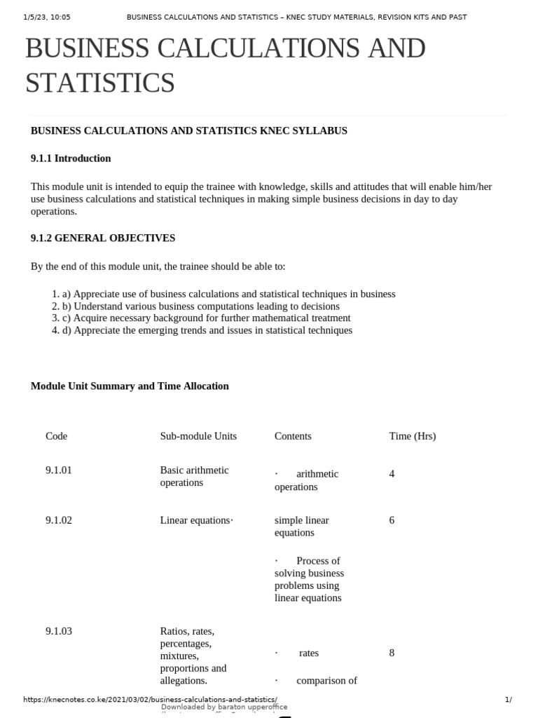 Business Calculations and Statistics Knec Study Materials Revision Kits ...