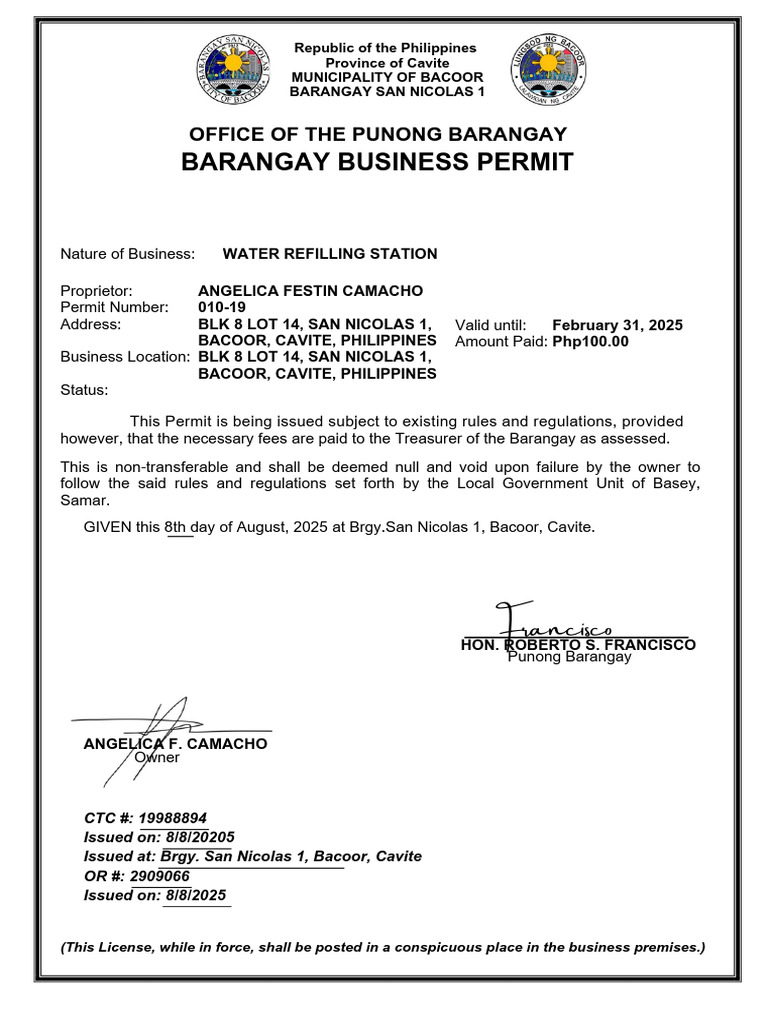 Barangay Business Permit for Water Refilling | PDF