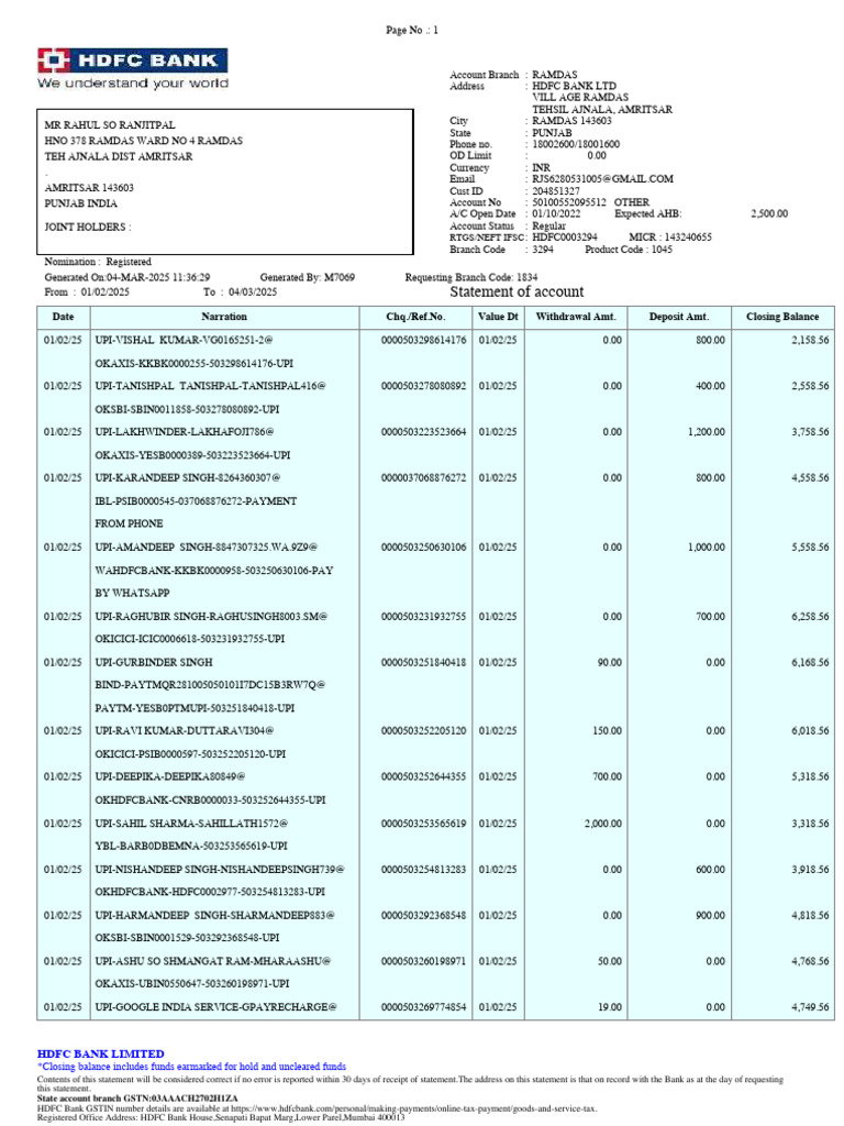 HDFC Bank Account Statement Summary | PDF | Personal Finance ...