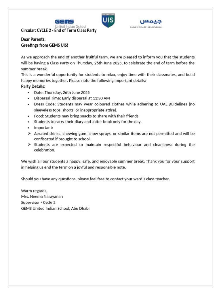 End of Term Class Party Details | PDF