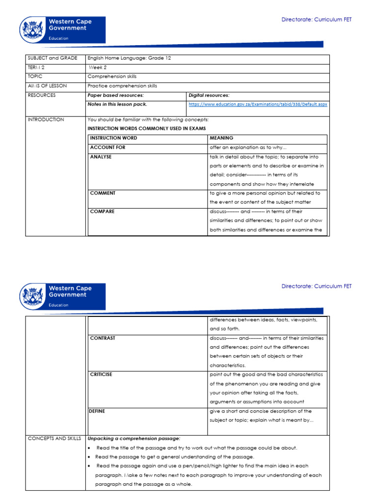 FET T2 Week 2 Grade 12 English Home Language Comprehension Skills | PDF ...