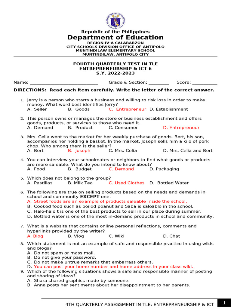 Epp Entrep Ict Quarterly Exam | PDF | Videotelephony | Computing