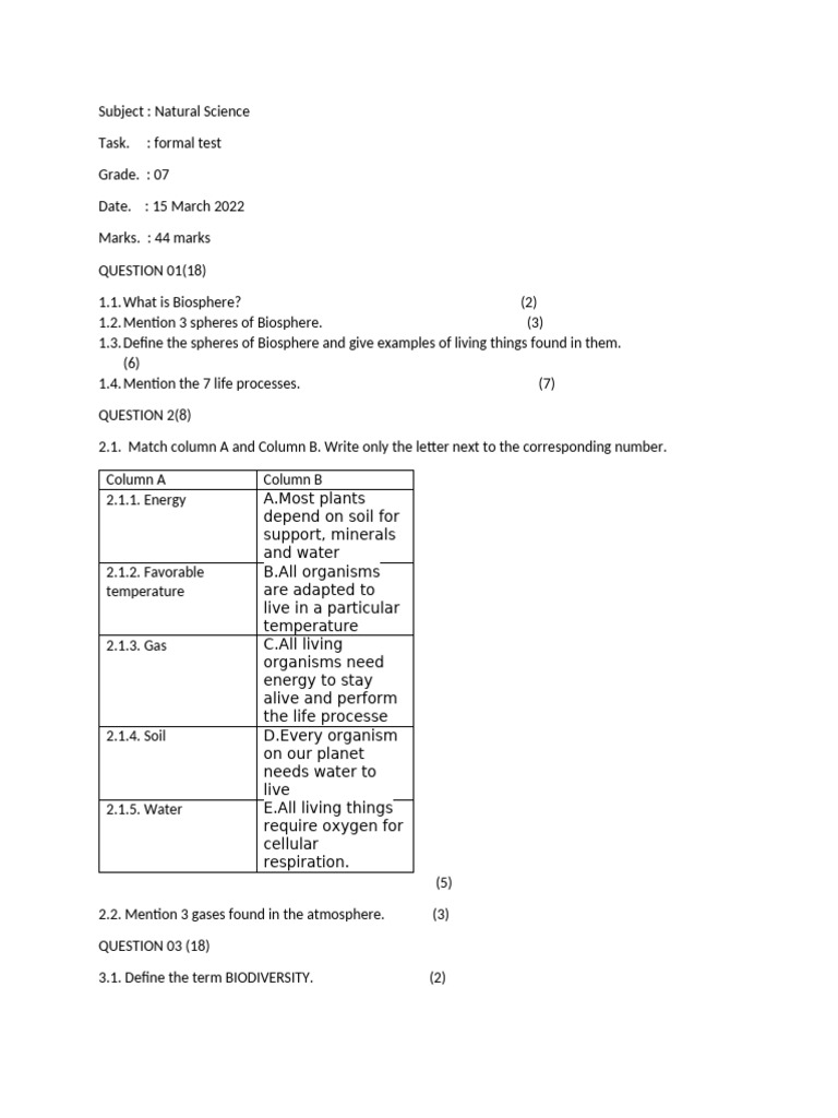 Natural Science Test | PDF