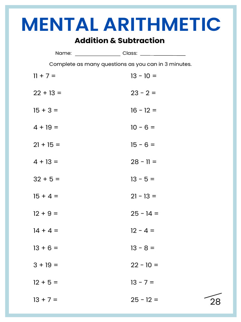 Grade 1 Mental Arithmetic Worksheet | PDF
