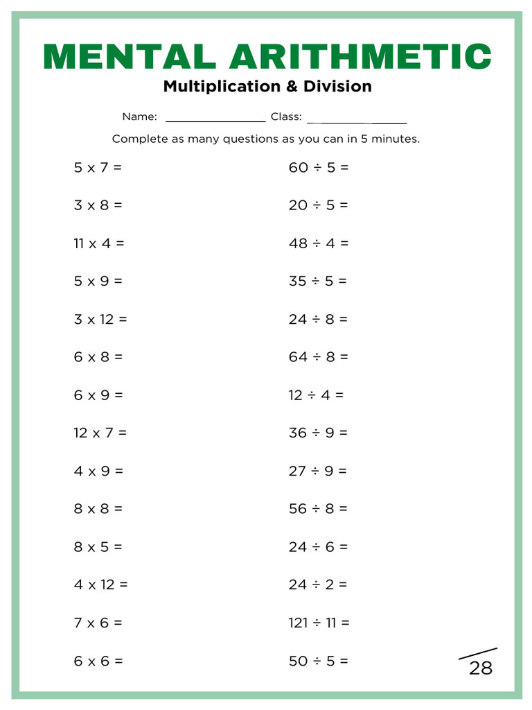 Simple Green Multiplication and Division Mental Arithmetic Maths ...