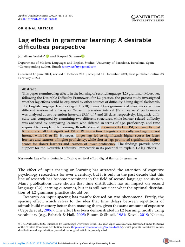2. Lag Effects in Grammar Learning a Desirable Difficulties Perspective | PDF | Clause | Second ...