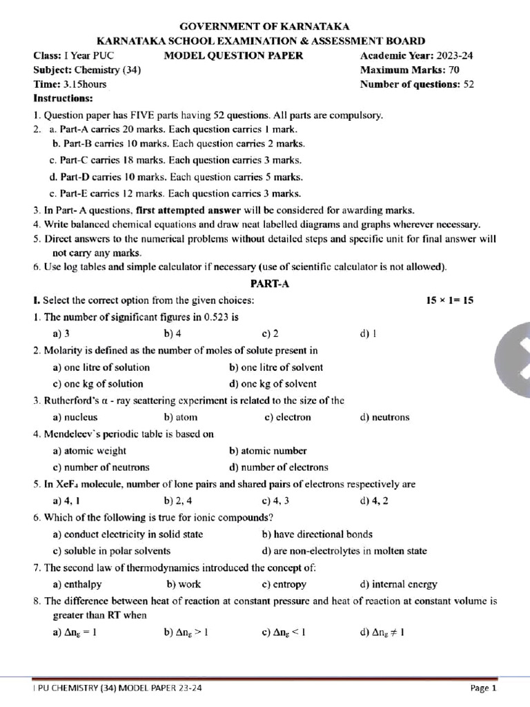 1st PUC Chemistry Model Paper 2023-24 | PDF | Chemical Reactions | Hydrogen