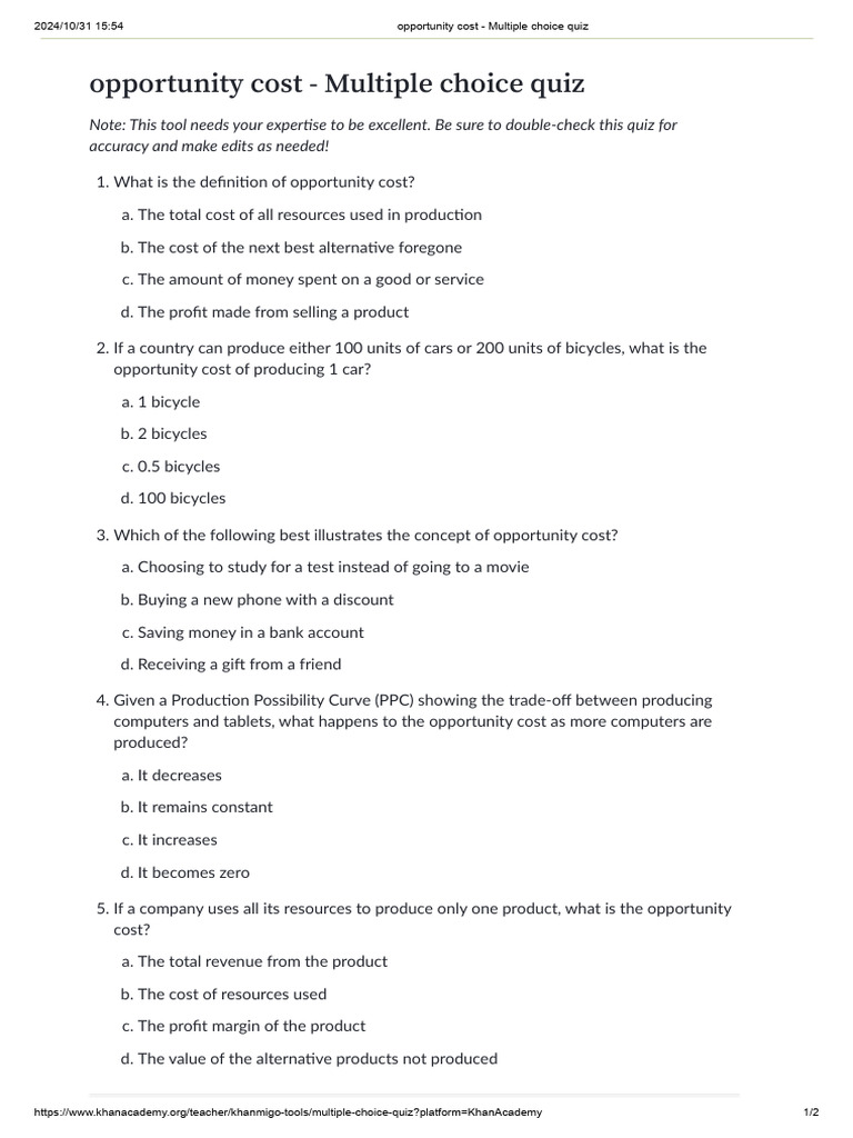 Opportunity Cost Quiz and Answers | PDF | Opportunity Cost | Cost