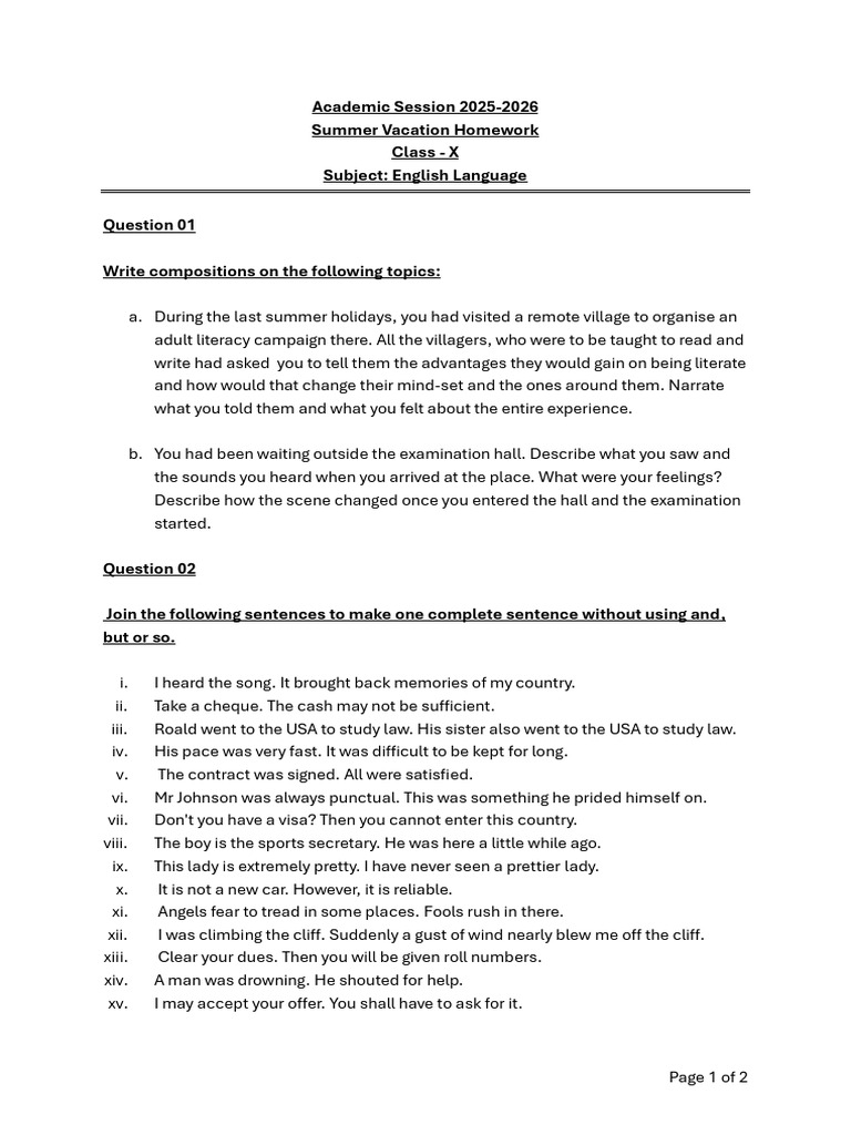 Class 10 Language Holiday Homework | PDF