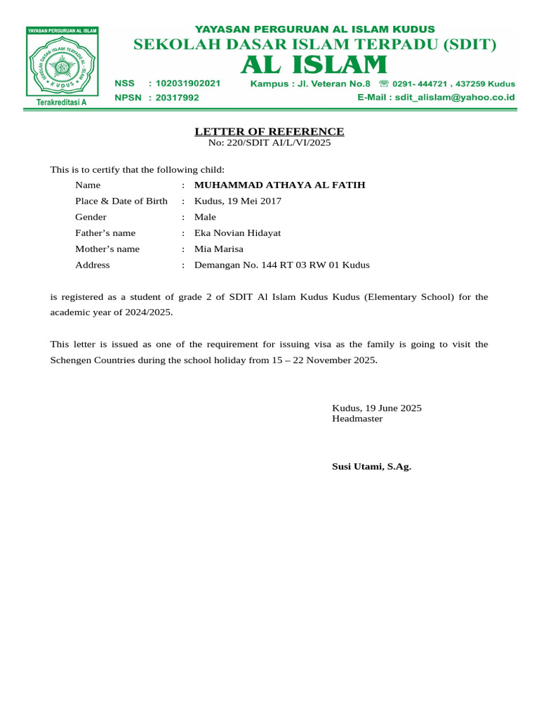 Letter of Reference For Visa - Muhammad Raziq Hanan | PDF