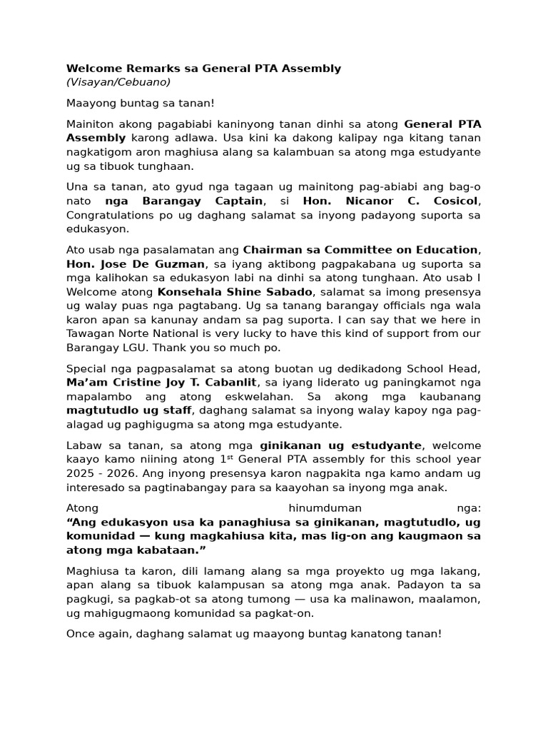 Welcome Remarks Sa General PTA Assembly | PDF