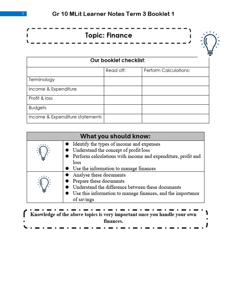 Grade 10 Finance: Income & Expenditure Guide | PDF | Expense | Budget