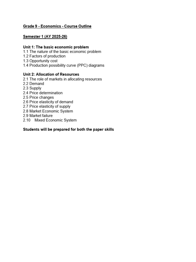 Grade 9 Economics Course Outline | PDF