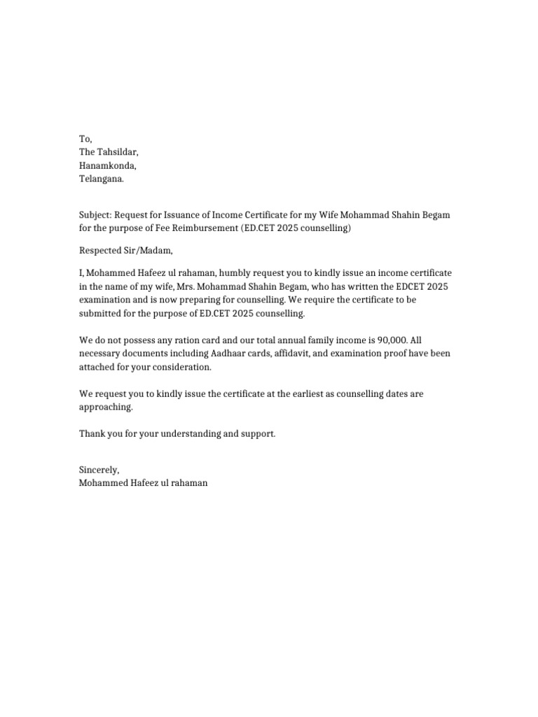 Covering Letter Income Certificate Request | PDF