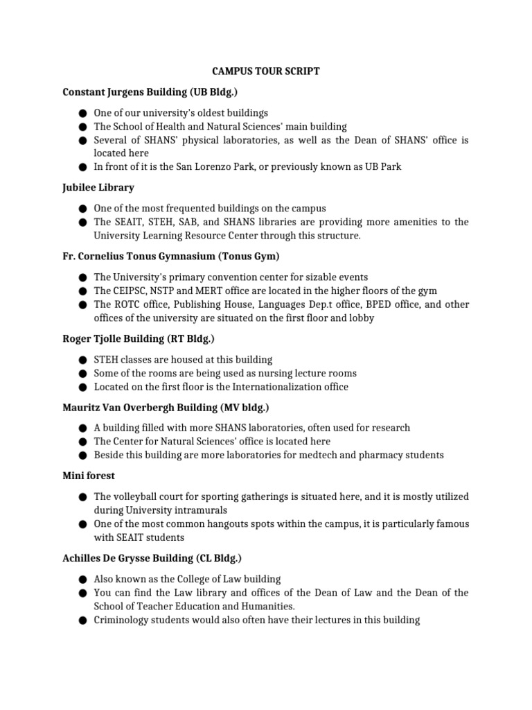 Campus Tour Script for University Buildings | PDF