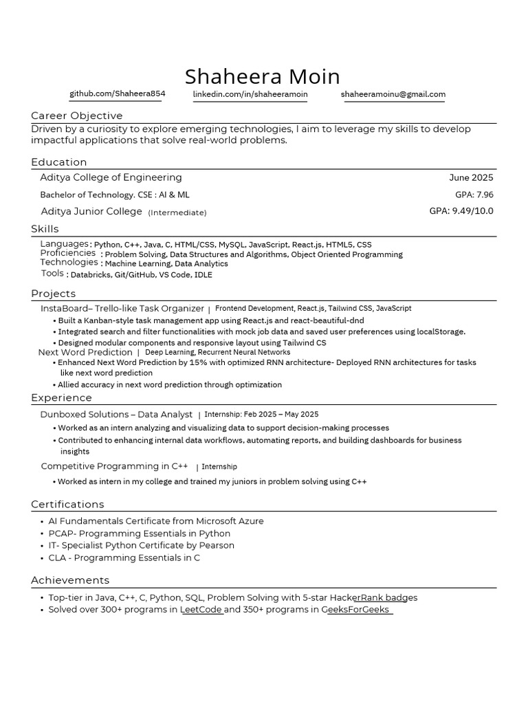 Shaheera Moin: Career Objective | PDF