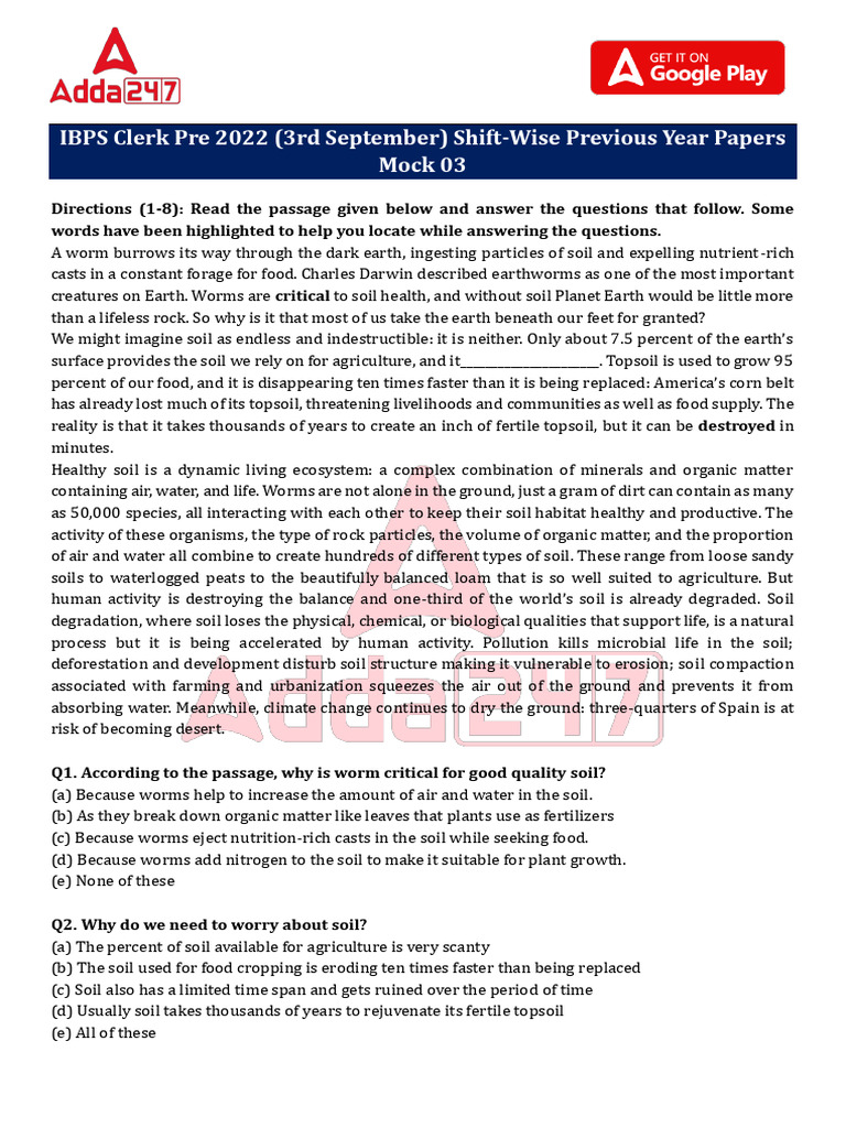 IBPS Clerk Pre 2022 3rd September Shift Wise Previous Year Papers Mock ...