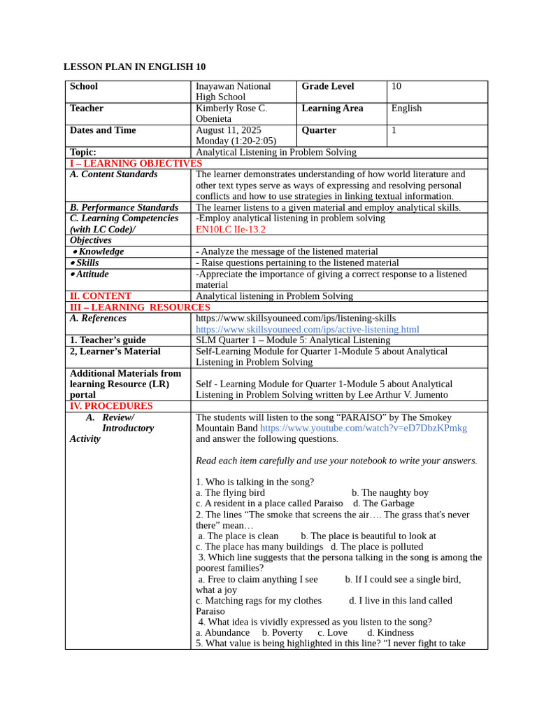 English 10 Lesson Plan: Analytical Listening | PDF | Learning | Teachers