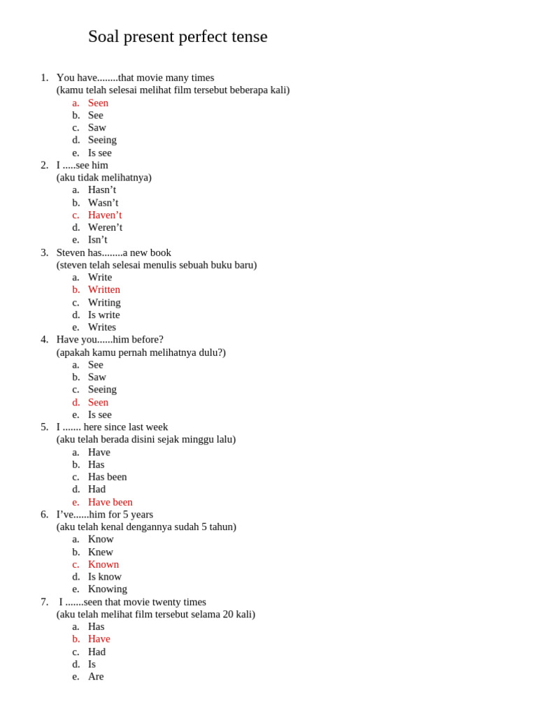 Present Perfect Tense Exercises | PDF