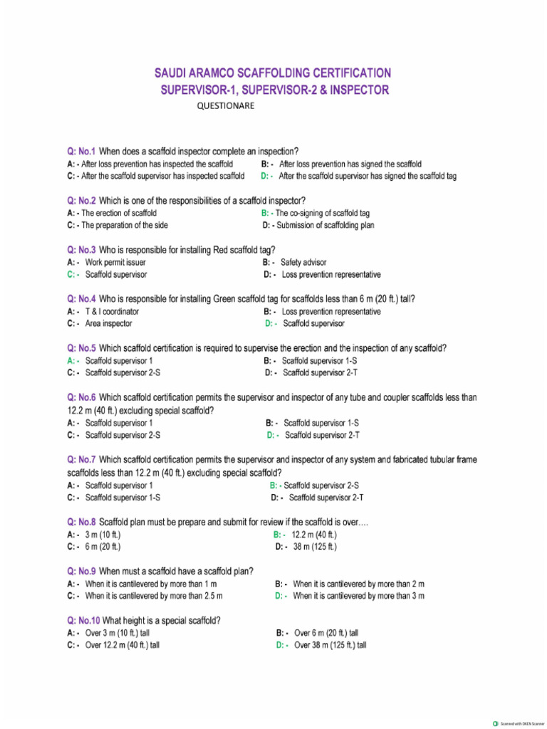 Aramco Scaffolding Certification Questionaire | PDF
