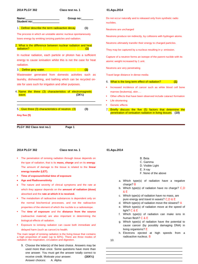 2014 PLGY 302 Class Test No.1 Memo | PDF | Radioactive Decay | Radiation