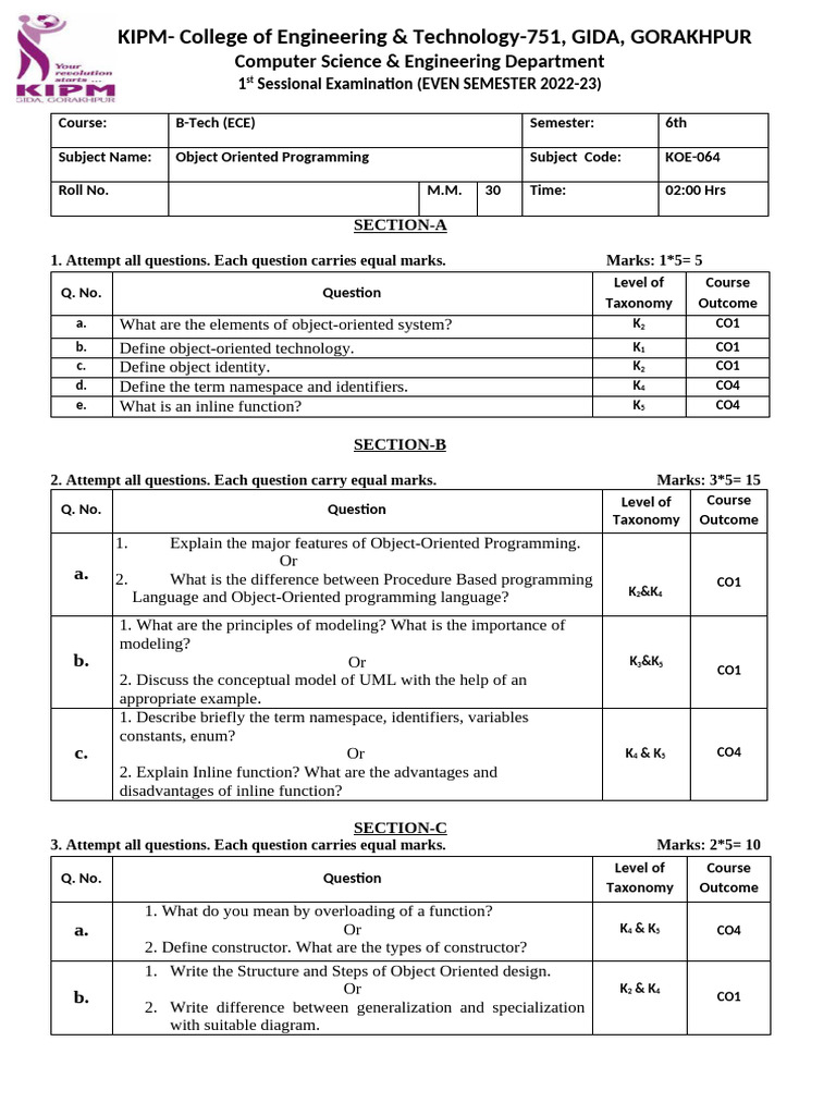 OOP (KOE) - 064 1st Sessional Paper | PDF | Object Oriented Programming | Object (Computer Science)