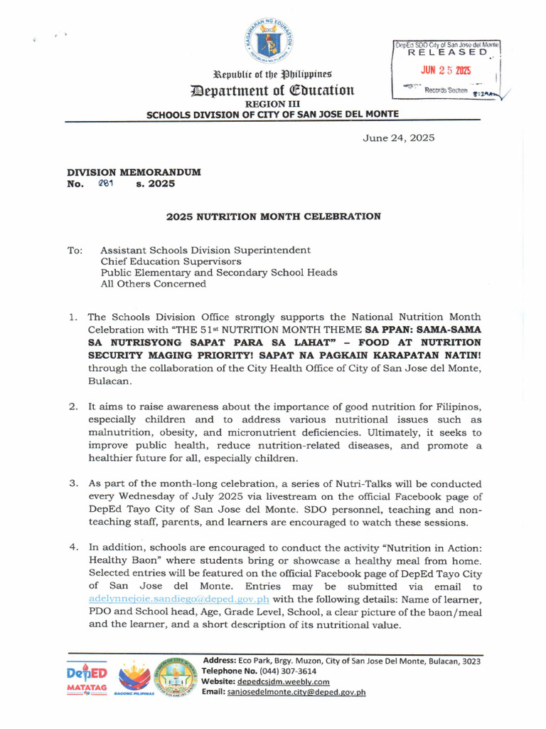 DM No. 281, S. 2025-2025 Nutrition Month Celebration - SDO-CSJDM Records Unit | PDF