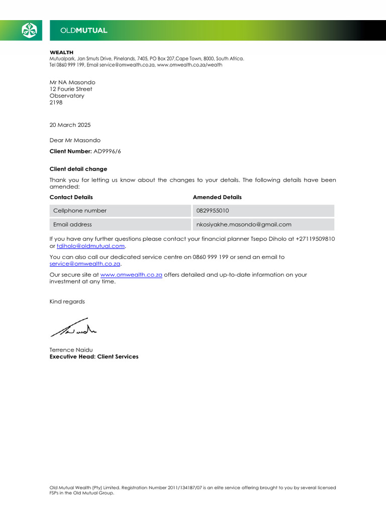 Client Detail Change Confirmation Letter | PDF