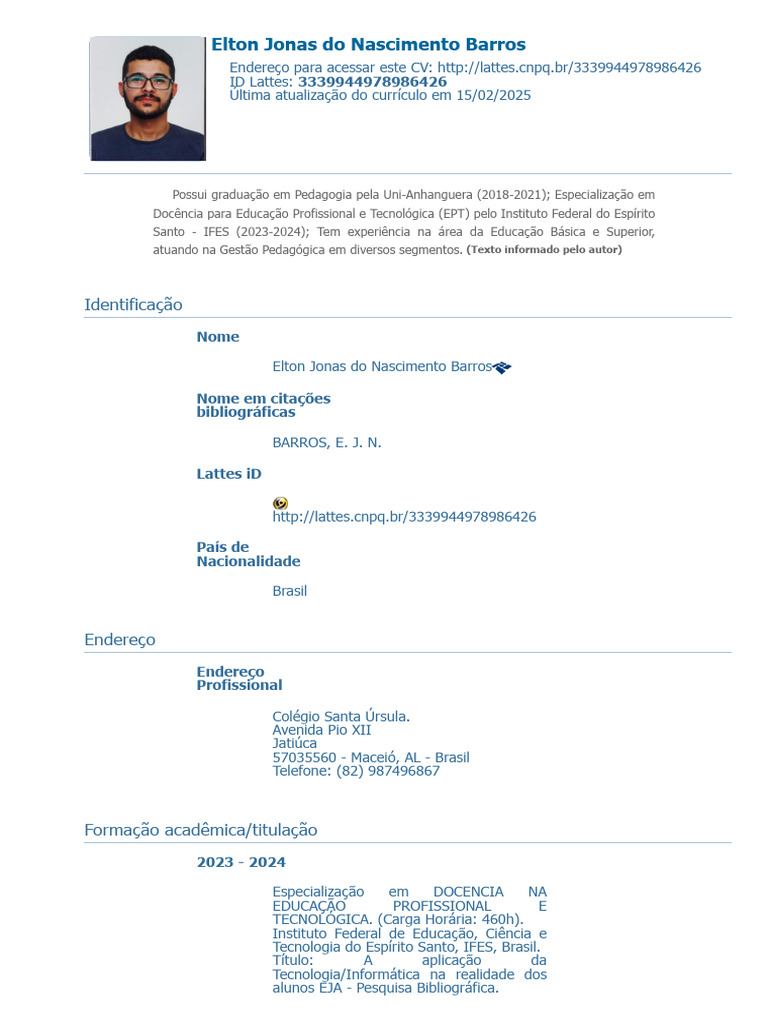 Currículo do Sistema de Currículos Lattes (Elton Jonas do Nascimento ...