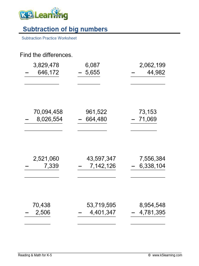 Subtraction Practice for Big Numbers | PDF