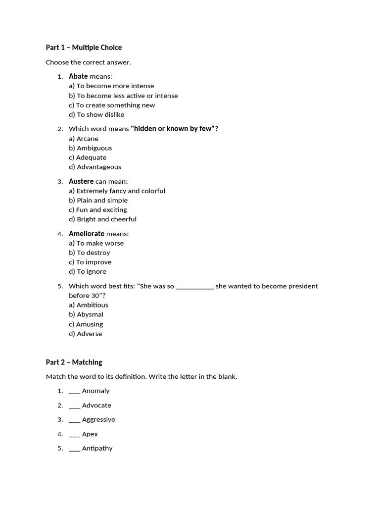 SAT Must Know Words Worksheet A | PDF