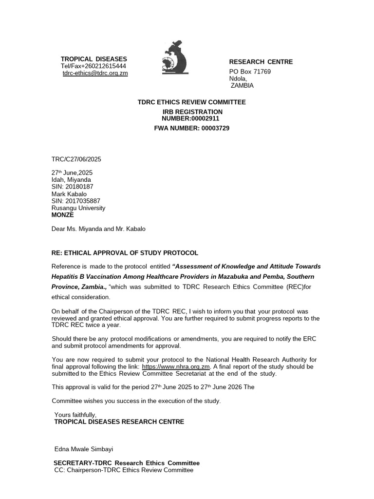 Research Ethical Clearance Letter | PDF