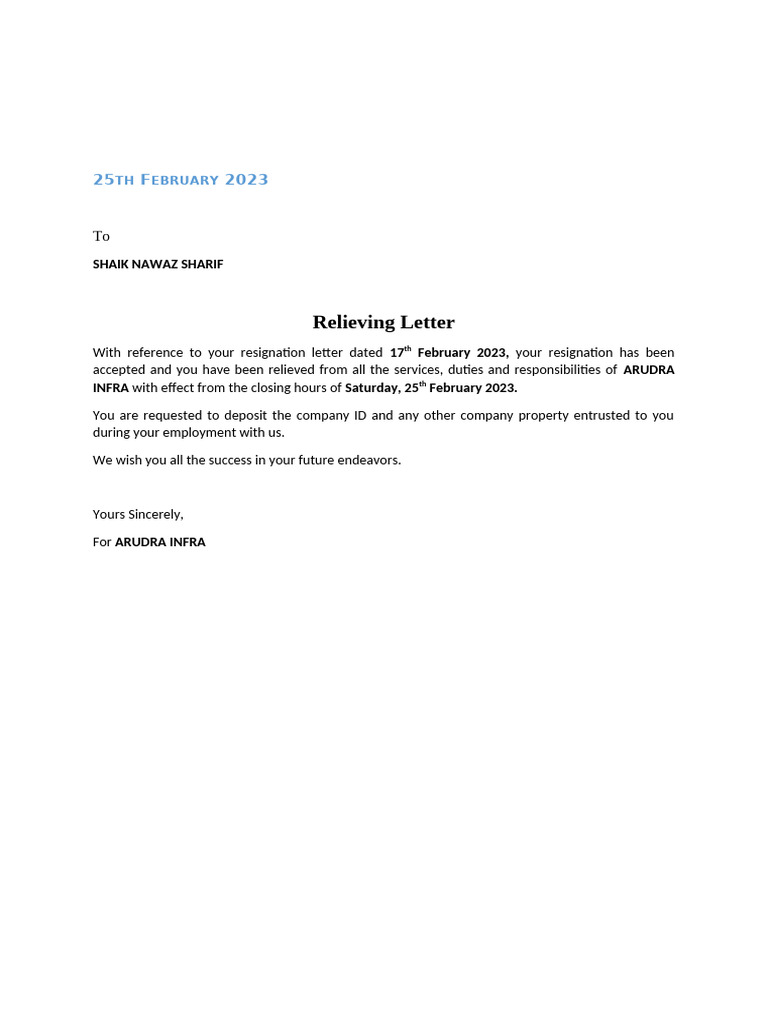 Relieving Letter for Shaik Nawaz Sharif | PDF