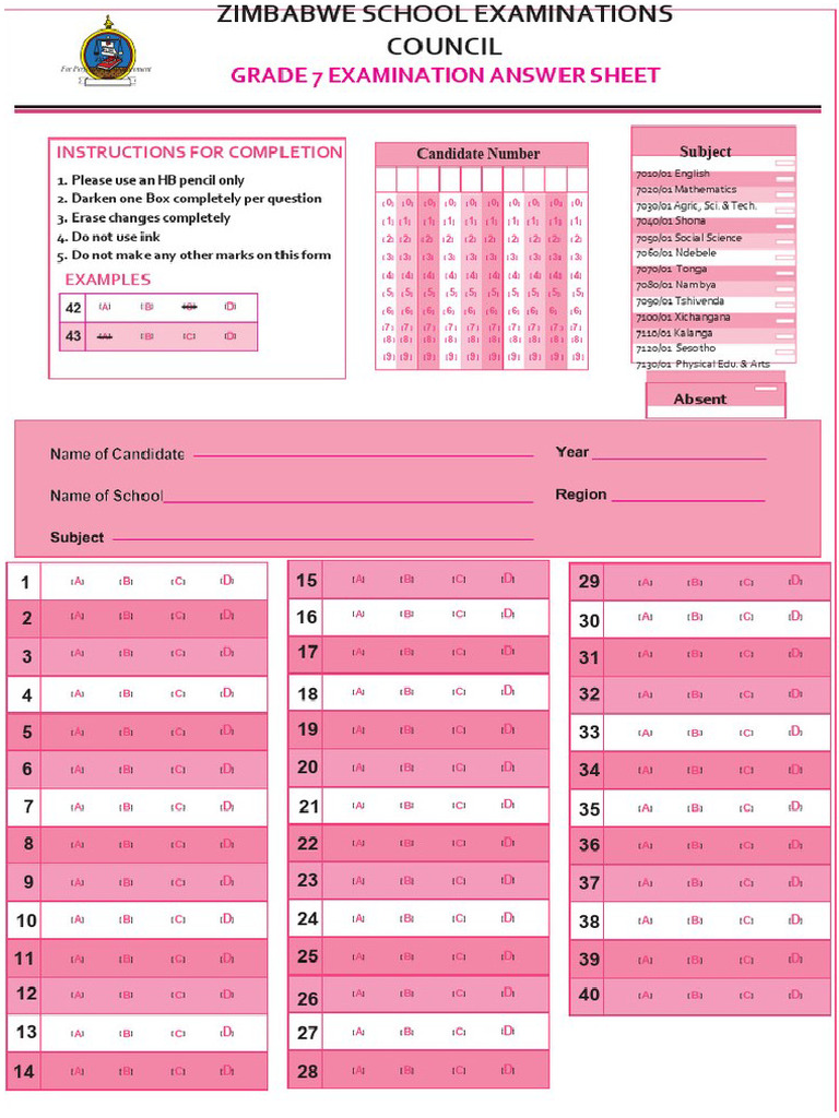Grade Seven Answer Sheet | PDF