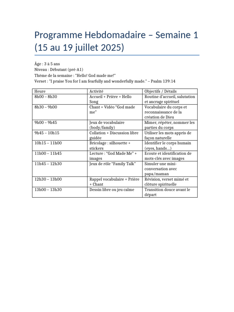 Programme Anglais Maternelle Semaine 1 | PDF