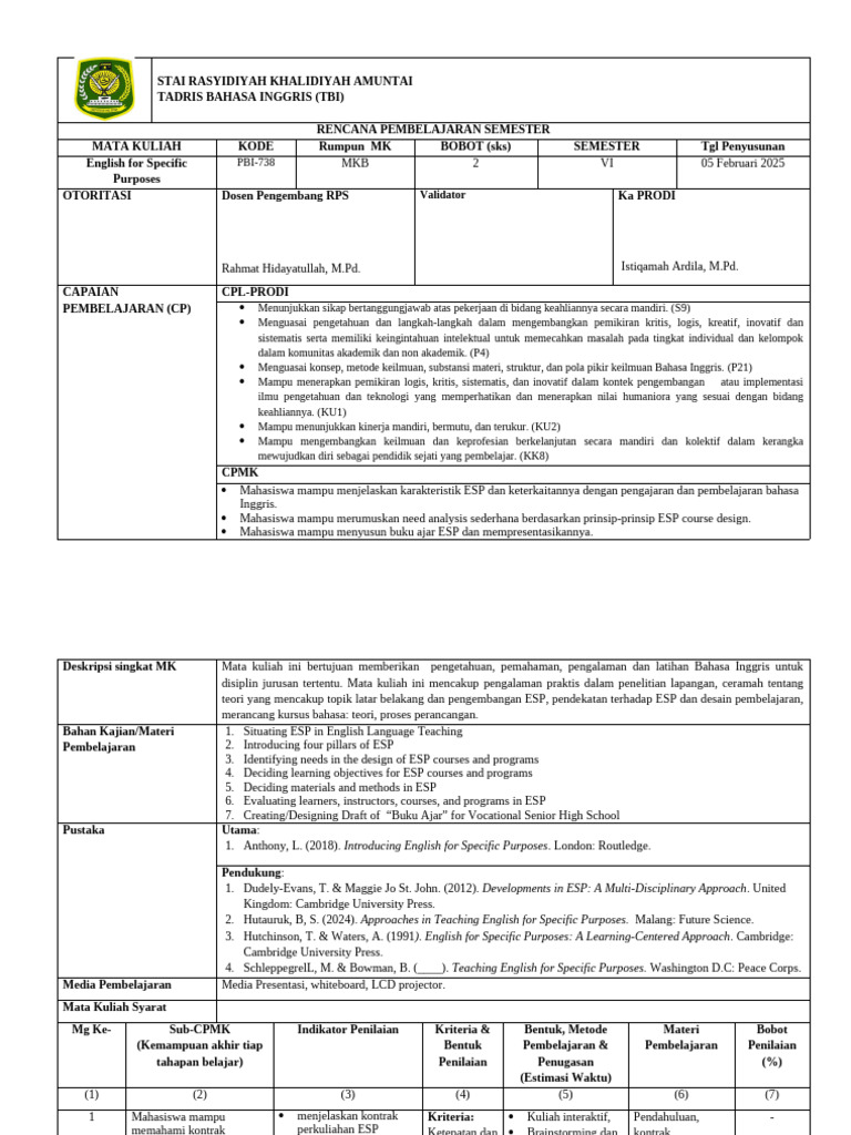 Rencana Pembelajaran ESP TBI 2025 | PDF