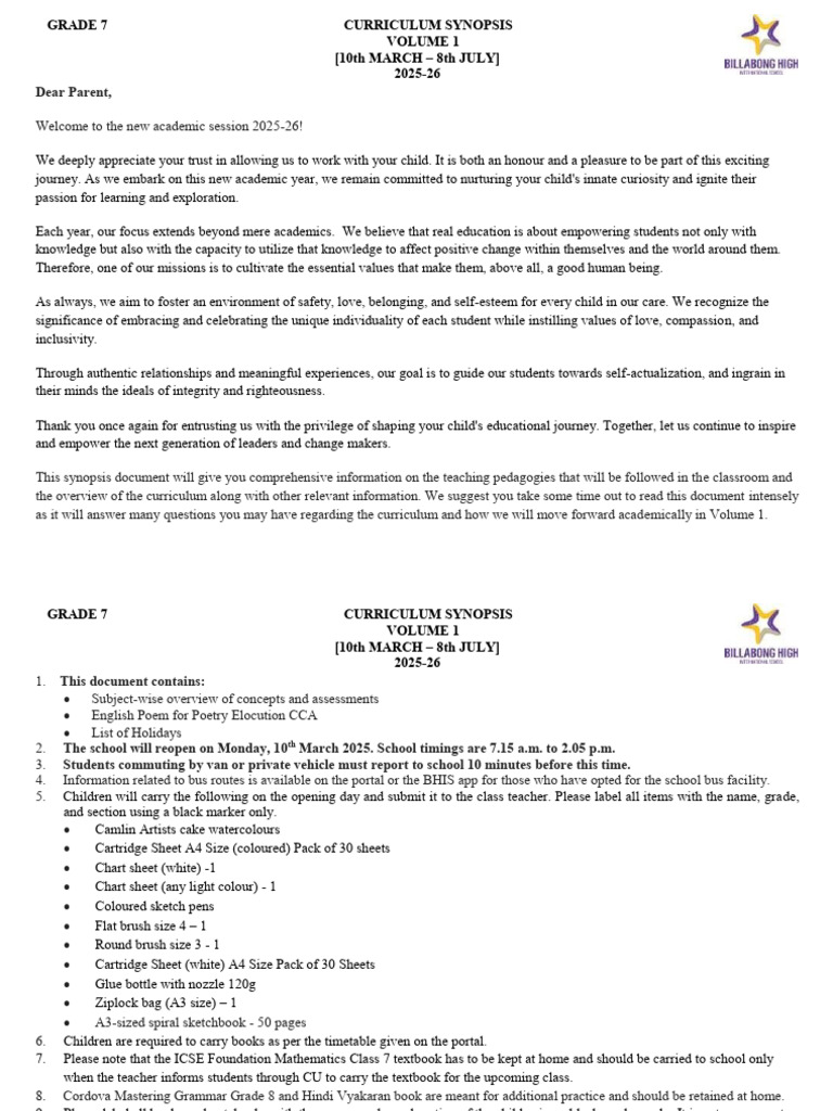 Httpsapp - Bhisbhopal.edu - IncircularsdocumentsGRADE 7 VOLUME 1 CURRICULUM SYNOPSIS 2025 26 PDF ...