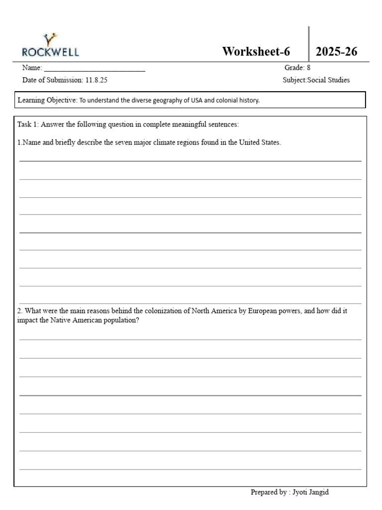 Worksheet-6 2025-26: To Understand The Diverse Geography of USA and ...