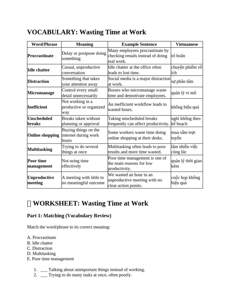VOCABULARY-wasting Time at Work | PDF | Procrastination | Professional ...