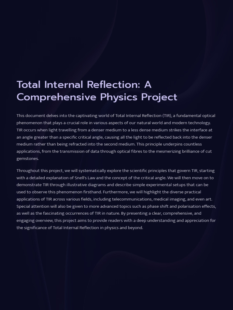 Total Internal Reflection A Comprehensive Physics Project | PDF | Optics | Reflection (Physics)