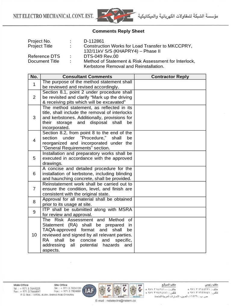 Contractor Reply Sheet - DTS-049 Rev.00 Method of Statement & Risk Assessment for Interlock ...